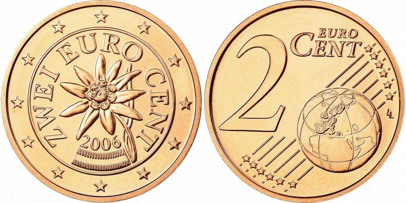 Австрия 2 евроцента, 2002-2024 XF