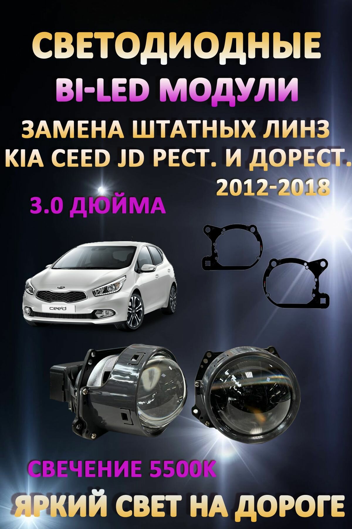 Светодиодные линзы BiLED Kia Ceed JD Рестайлинг и Дорестайлинг 2012-2018 с переходными рамками