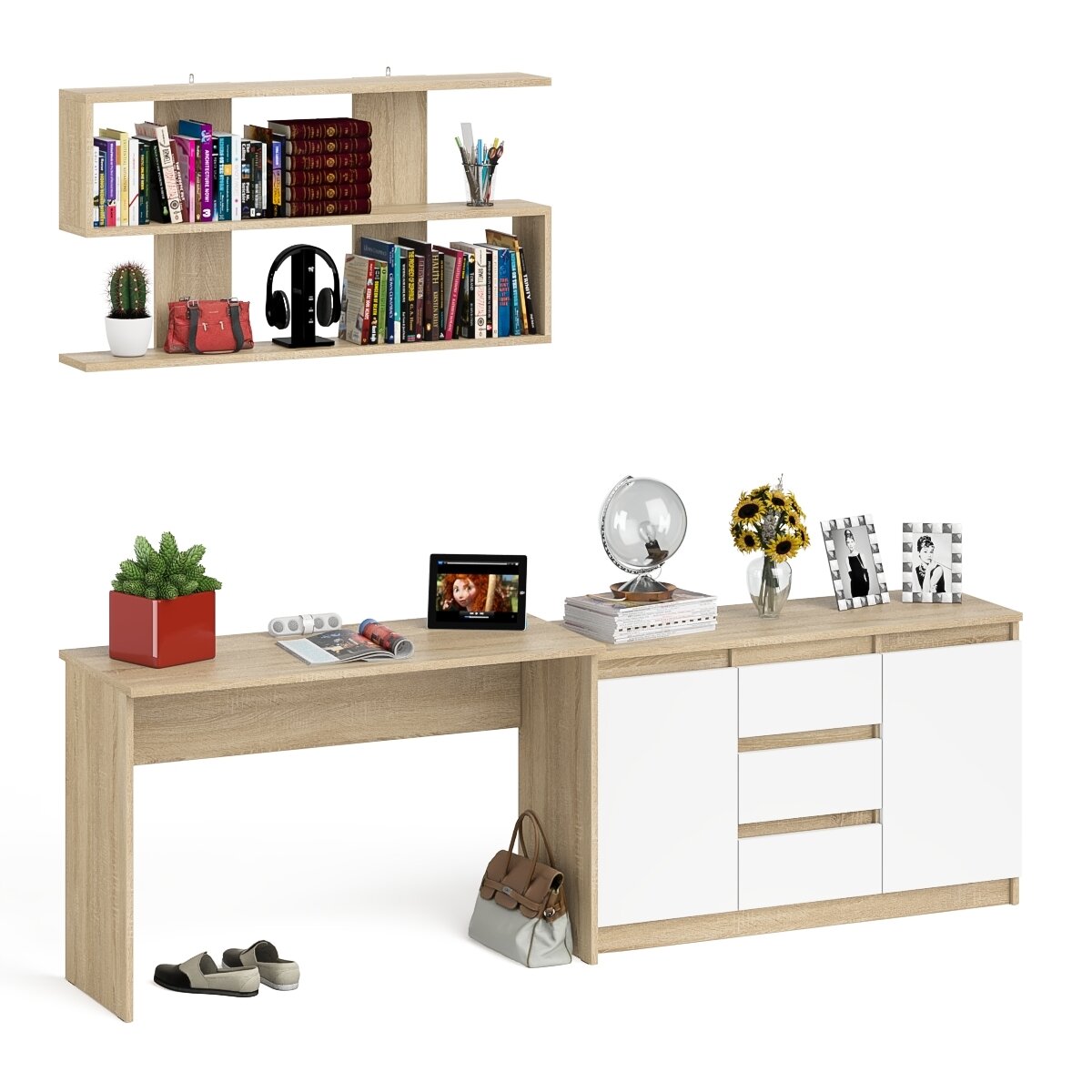 Стол письменный Мори МСП1200.1 + Комод МК1200.3 + Полка 1200, цвет дуб сонома/белый