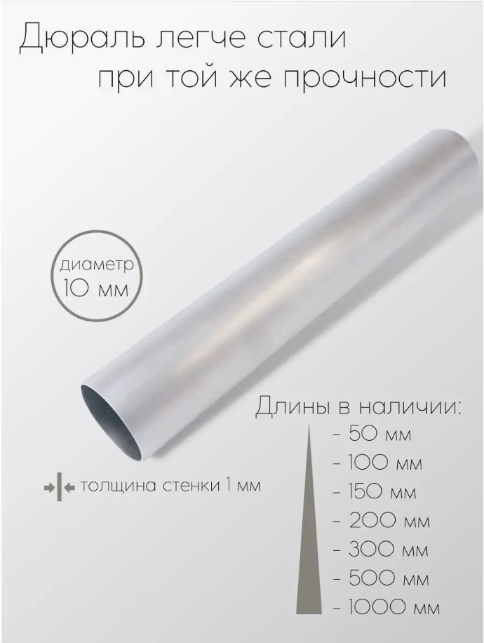 Алюминий дюраль Д16Т труба диаметр 10 мм толщина стенки 1 мм 10x1x50 мм