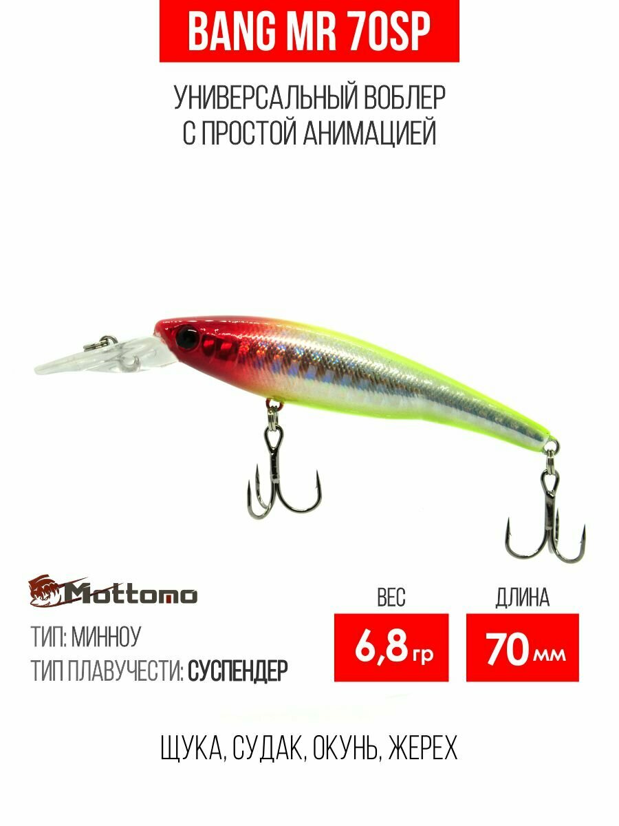 Воблер для рыбалки Mottomo Bang MR 70SP 6,8g, минноу суспендер для спиннинга, твичинга. Приманка на щуку, сома , окуня