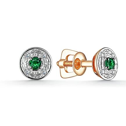 Серьги пусеты, красное золото, 585 проба, бриллиант, изумруд