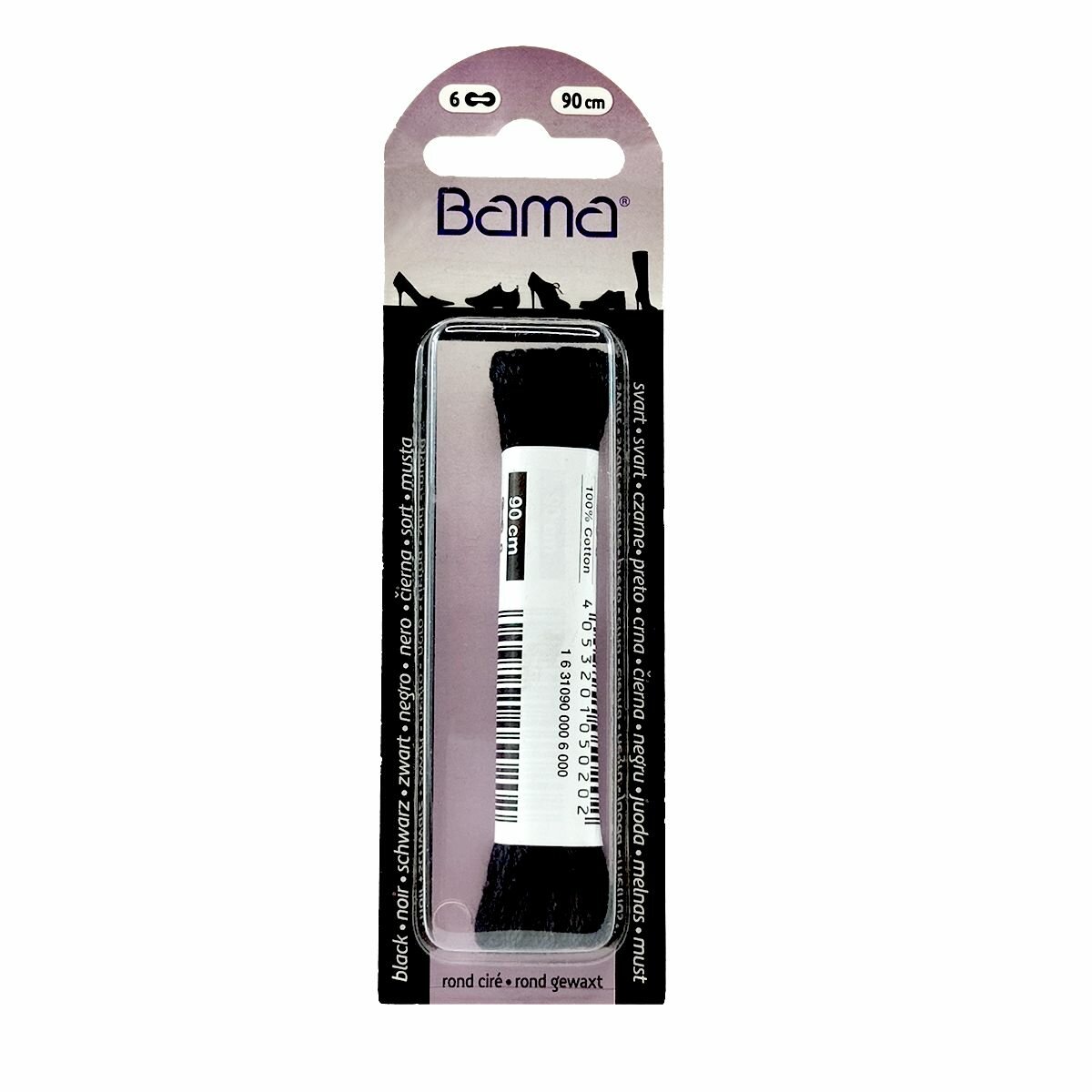 Шнурки черные вощеные круглые для обуви, Bama Германия, длина 90 см, 3 мм, круглые, 1 пара, хлопок 100%