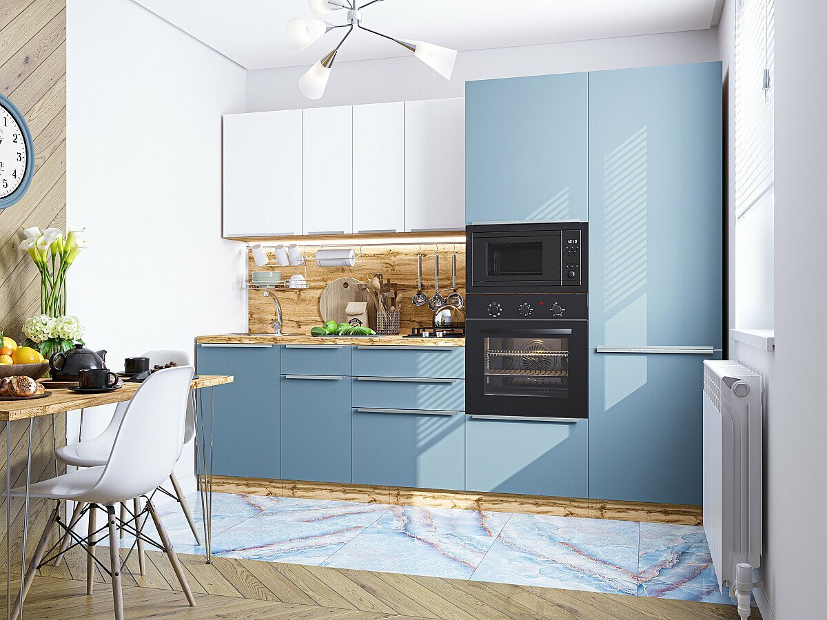 Кухня Фьюжн-07, цвет фасада Silky White/Silky Blue, цвет каркаса Дуб Вотан, 2140*2700*600 мм