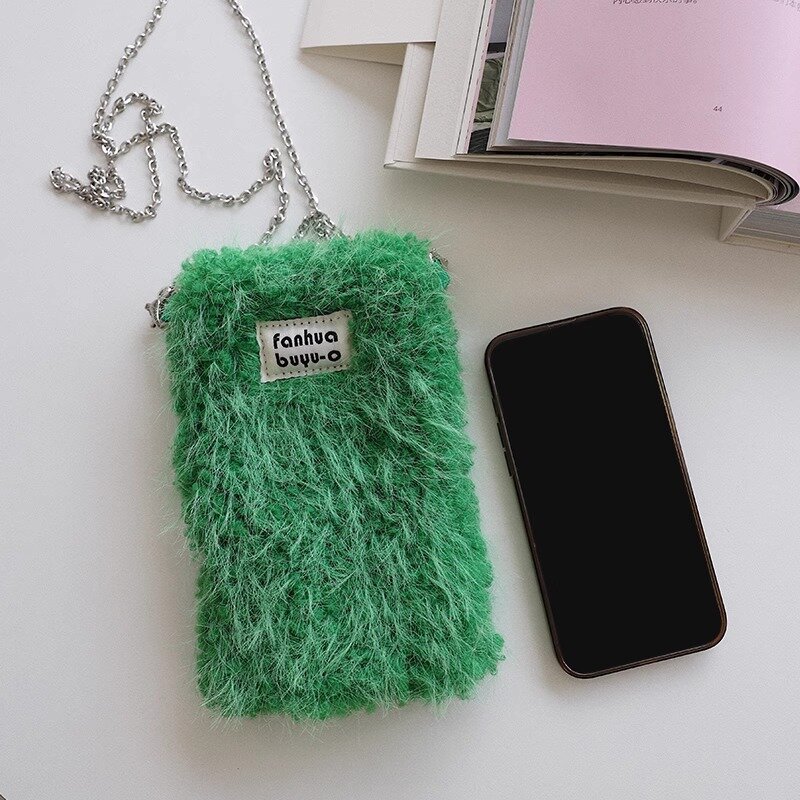 Плюшевая сумка-мессенджер для телефона, на цепочке, корейская, женская, полиэстер, зеленая