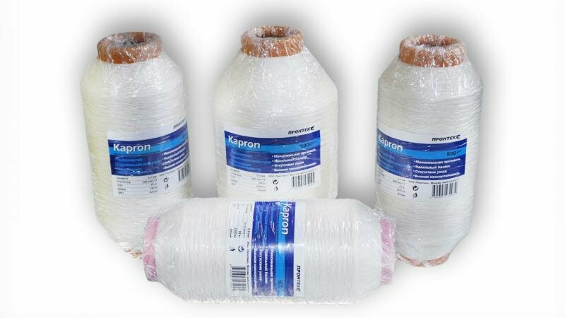 Нитки полиамидные Kapron 1,2 мм (187тх3) длина 1580 м, белые, тест 35 кг (бобина 1 кг)