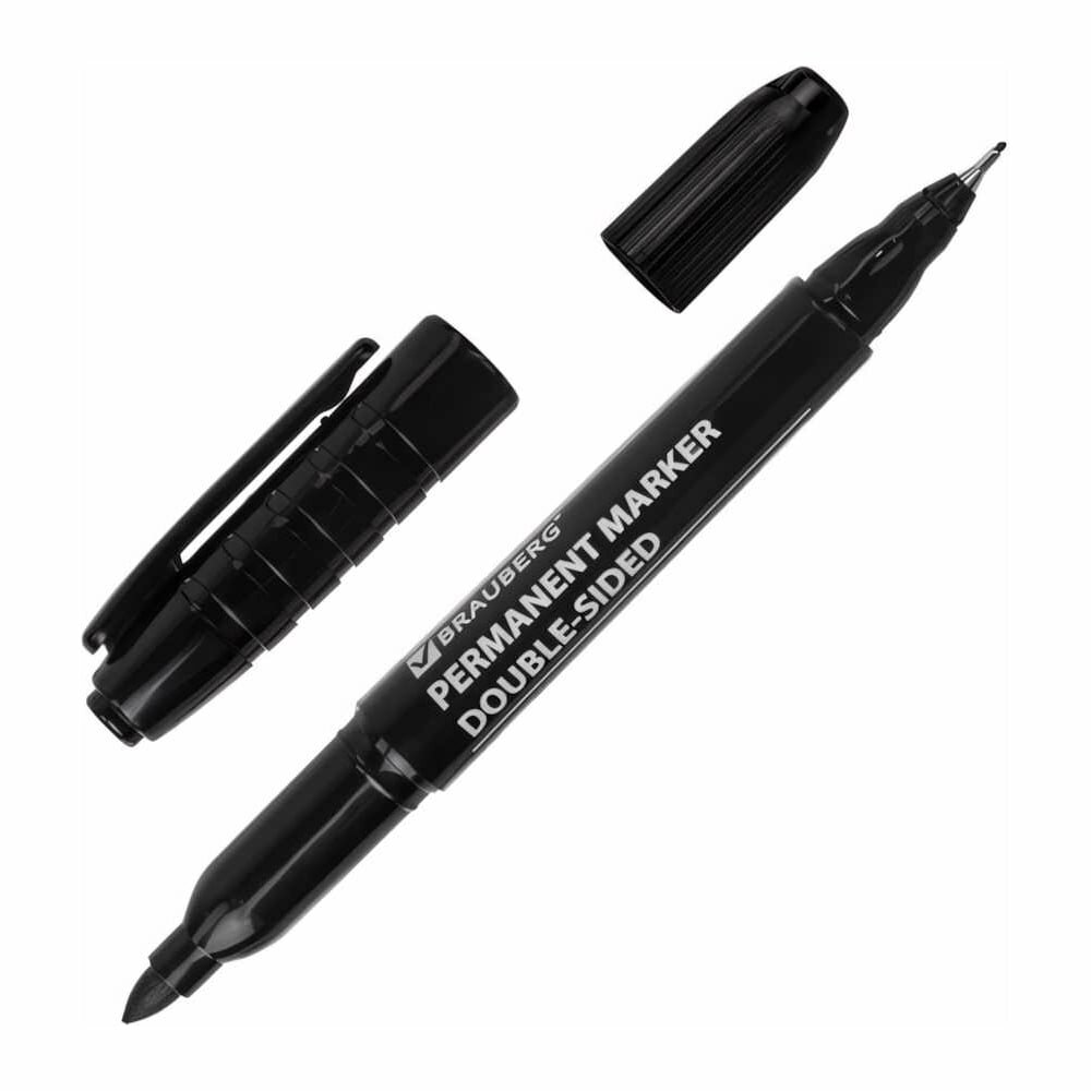Маркер BRAUBERG перманентный нестираемый двусторонний "Double" черный наконечники 08/3мм 12 штук 151635