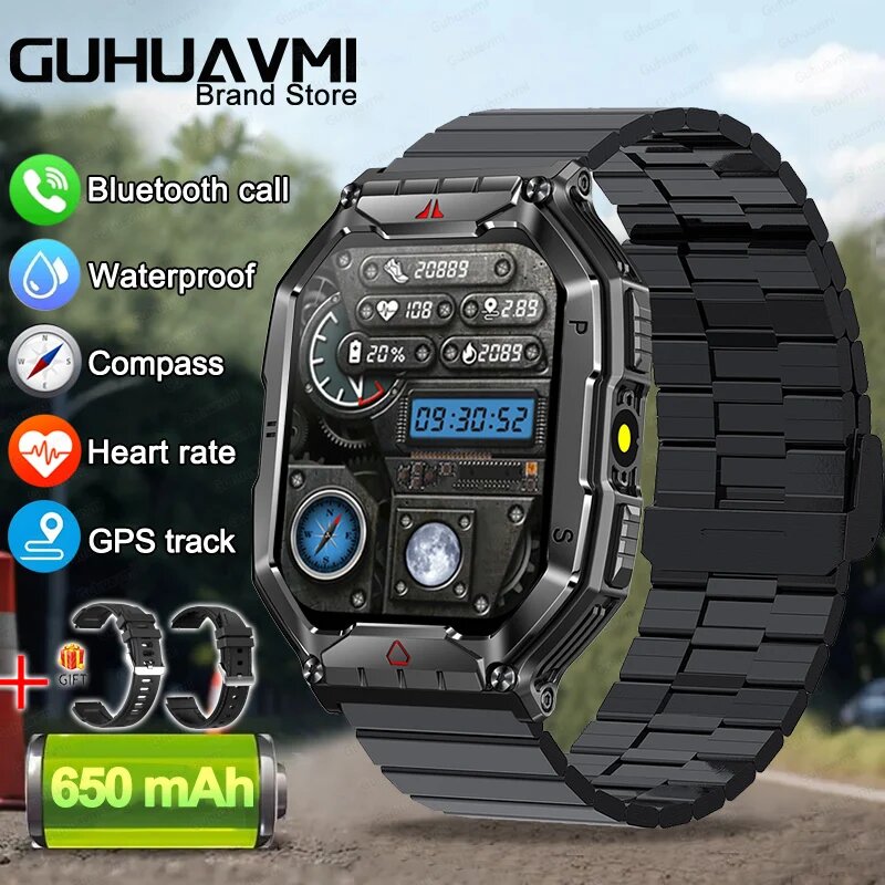 Мужские военные умные часы IP68 Fitness Tracker 2.10 дюйма Black Steel B 2A