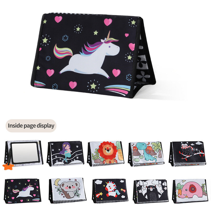 Тканевый календарь-книжка для младенцев 0-1 года, для тренировки поднятия головы новорожденных, черно-белое изображение, веселое зеркальце, развитие цветового восприятия у ребенка, разрывная.