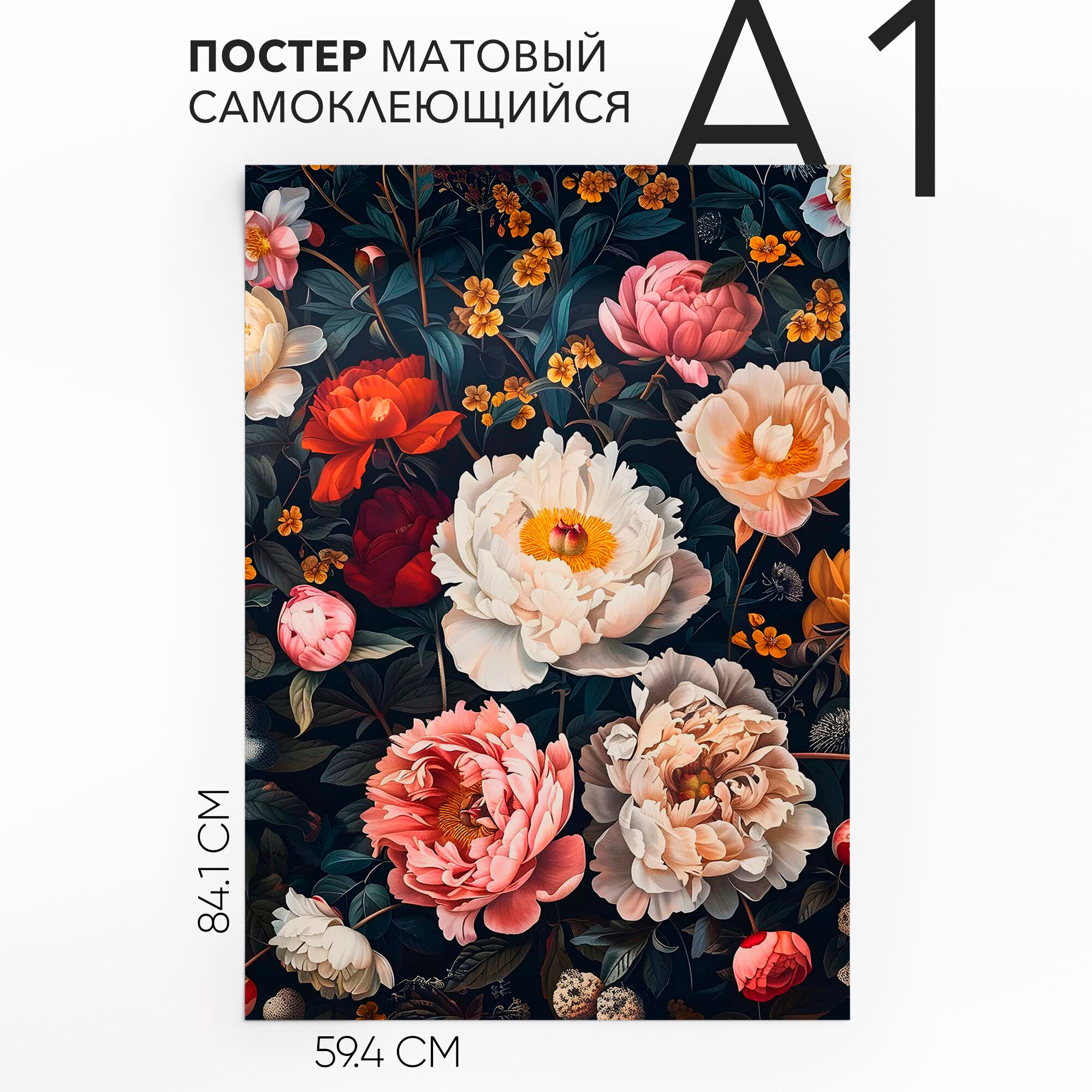 Постер интерьерный самоклеящийся, большой A1 Цветы, влагостойкий, для декора