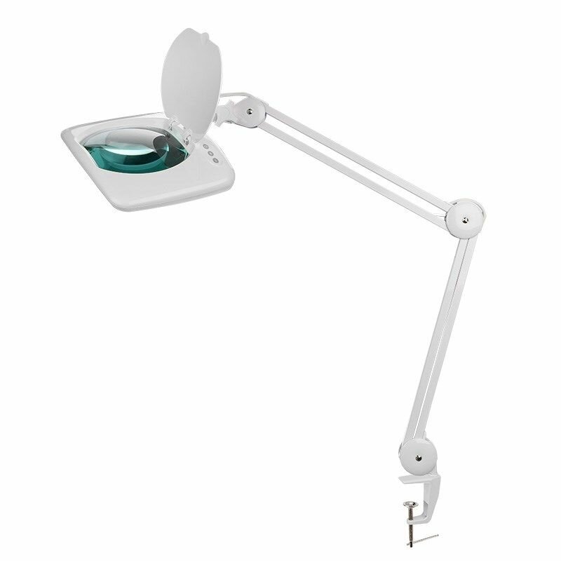 Лупа на струбцине квадратная 5D с подсветкой 60 SMD LED, сенсорный регулятор яркости, 190х157мм, белая REXANT