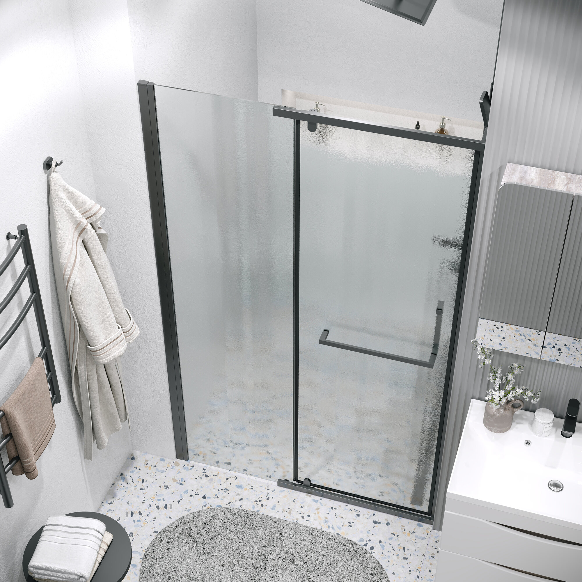 Дверь в нишу Grossman Pragma 100. K33.03.100.21.02 (100х195) черный матовый, стекло шиншилла, распашная, 1 место