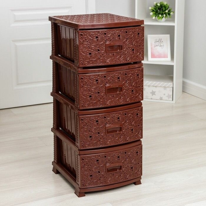 Комод пластиковый Росспласт 4-х секционный, "Декор, Ажур", цвет коричневый (1593593)