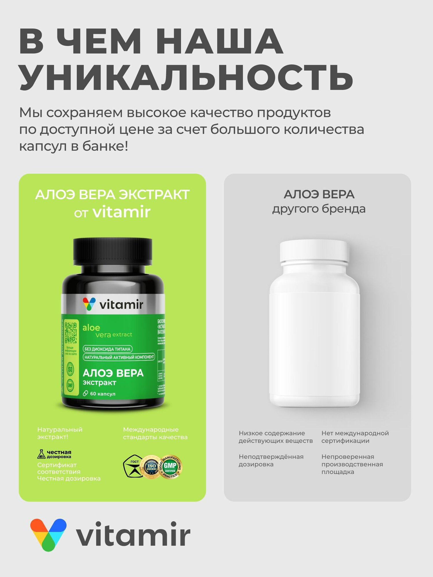 Экстракт Алоэ Вера VITAMIR PRO / БАД для жкт, для улучшения пищеварения / 60 капсул — фото 1