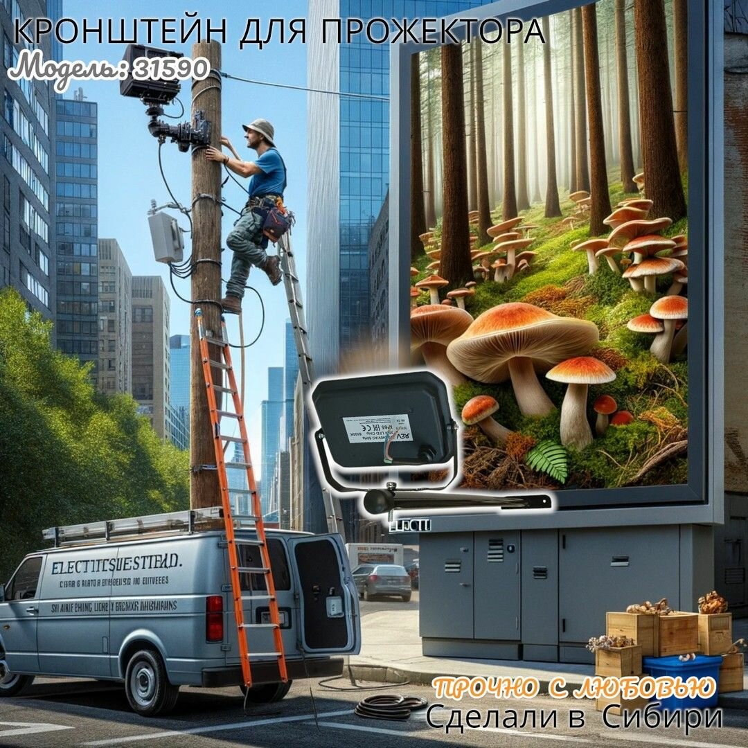 Кронштейн для крепления прожектора на рекламном щите, навесе крыльца с вылетом 1 метр "ПОДСВЕТКА-1000-31590" сталь, диаметр 22 мм, цвет черный