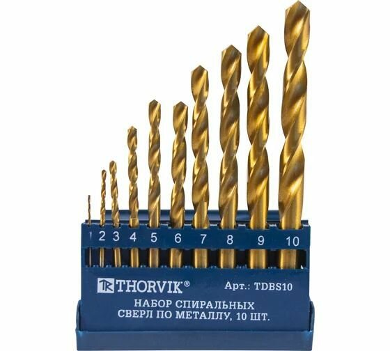 Набор спиральных сверл по металлу HSS TiN в пластиковом кейсе, d1.0-10.0 мм, 10 предметов