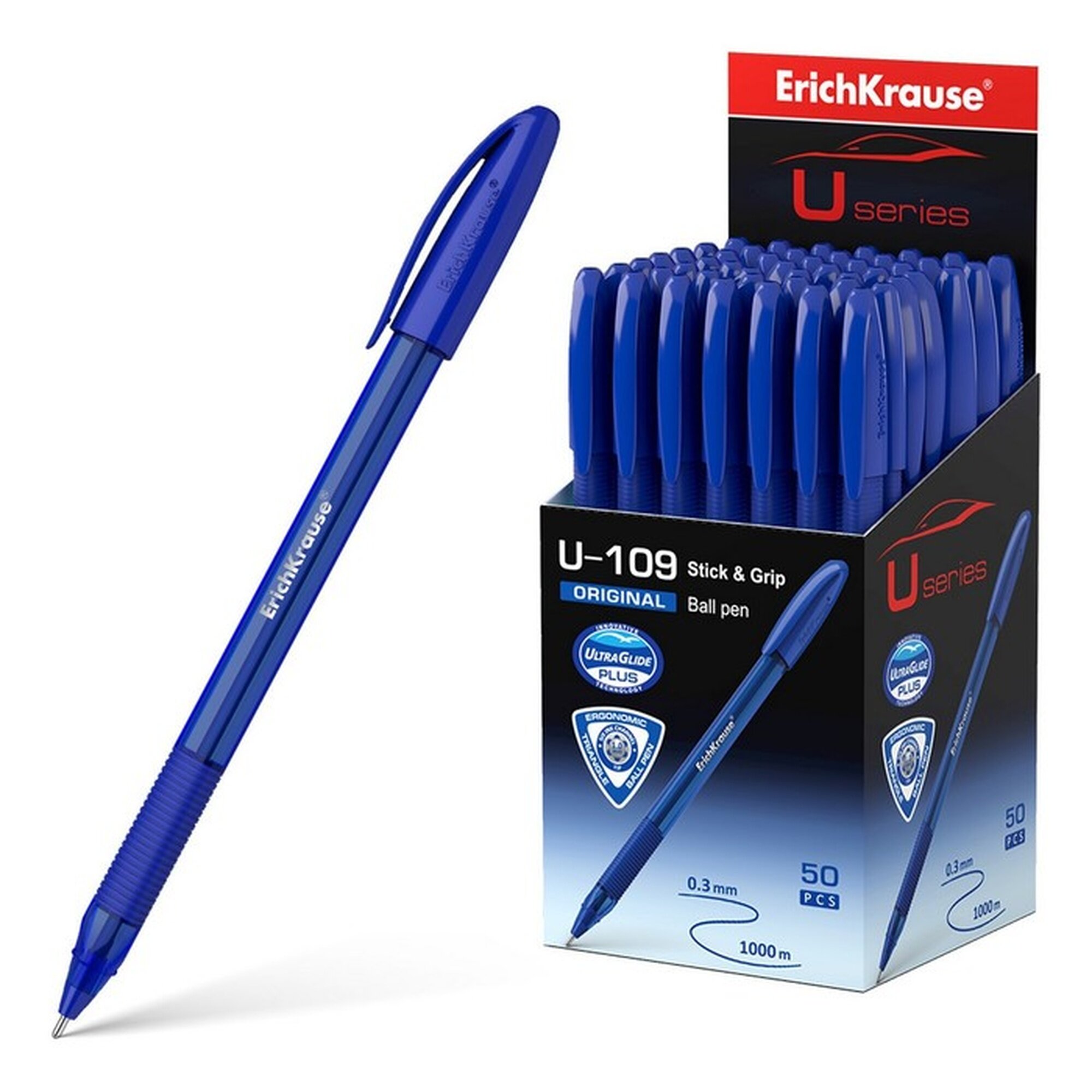Ручка ErichKrause Original Stick&Grip U-109, шариковая, синие чернила, супермягкое письмо