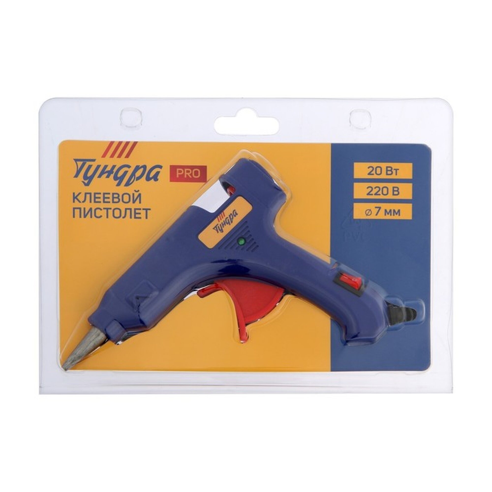 Клеевой пистолет тундра, 20 Вт, 220 В, шнур 1.2 м, выключатель, индикатор, антикапля, 7 мм