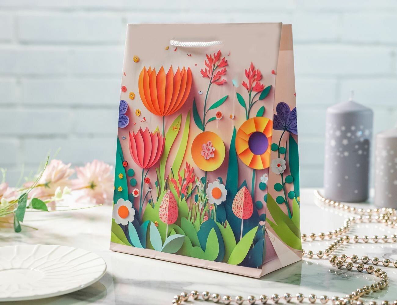 Подарочный пакет весенняя аппликация 'тюльпаны', бумага, 23х17 см, Koopman International APF806420-2