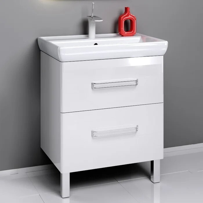 Тумба с раковиной Aqwella Neo 70, 4 см, белая, глянцевая, из МДФ, с ящиками, раковина для ванной фаянсовая, прямоугольная, встроенный слив-перелив