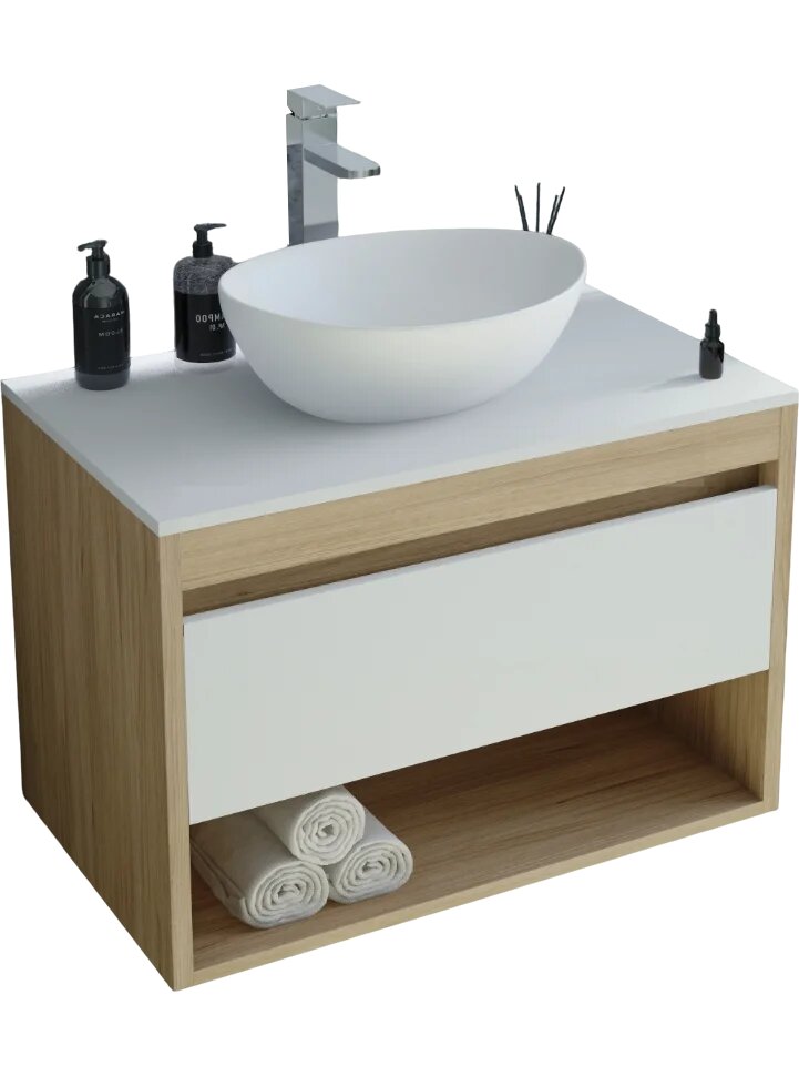 Тумба с раковиной Teymi Ritta 65 подвесная, 65 см, со столешницей, белая, светлое дерево, матовая, из МДФ, с ящиками, раковина для ванной, фарфоровая, овальная