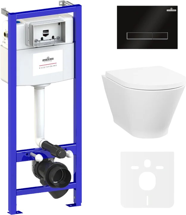 Комплект Lavinia Boho Унитаз подвесной Elegant Rimless 3308101R / Крышка-сиденье Elegant 33290700 с микролифтом / Инсталляция RelFix 38010010, Кнопка RelFix 3805003B глянцевая черная, хром