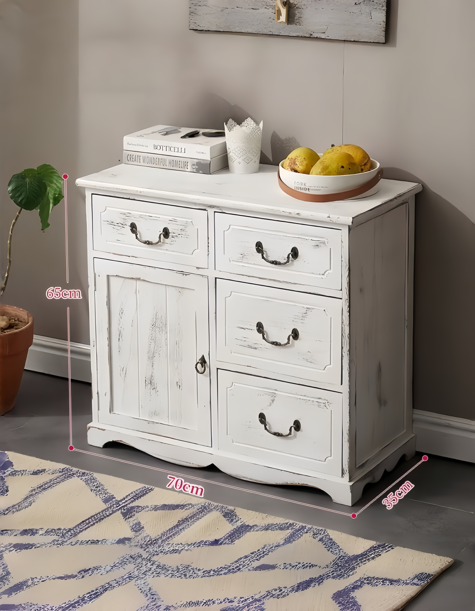 Комод «Винтаж», массив дерева, экологически чистая краска, стиль, 5 ящиков, 35x70x65 см, белый