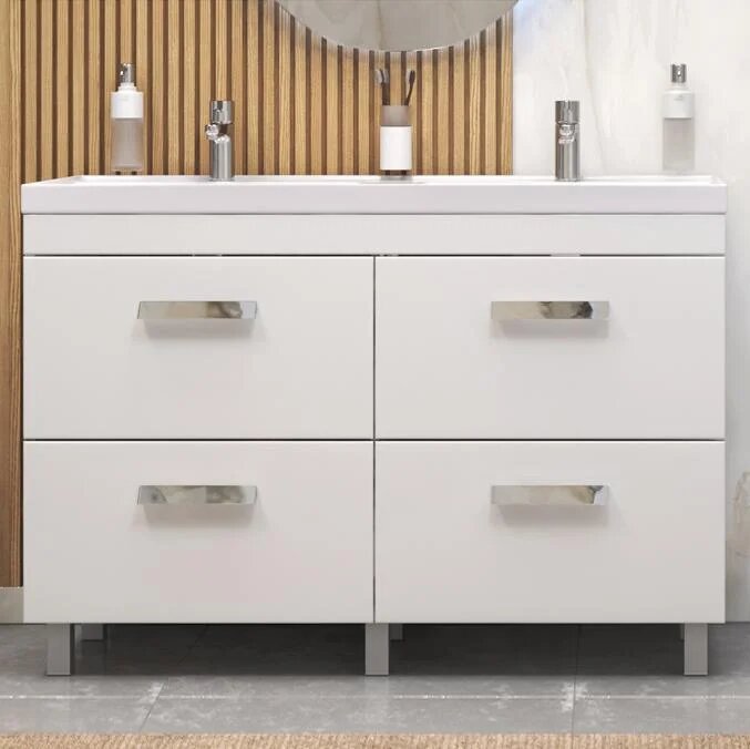 Тумба с раковиной Velvex Orlando 120 напольная, 120 см, двойная, белая, матовая, из МДФ, с ящиками, раковина для ванной, из искусственного мрамора, прямоугольная