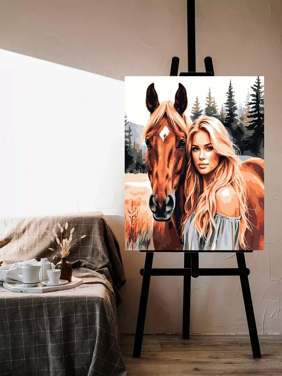 Картина по номерам Пейзаж Девушка и Лошадь Животное