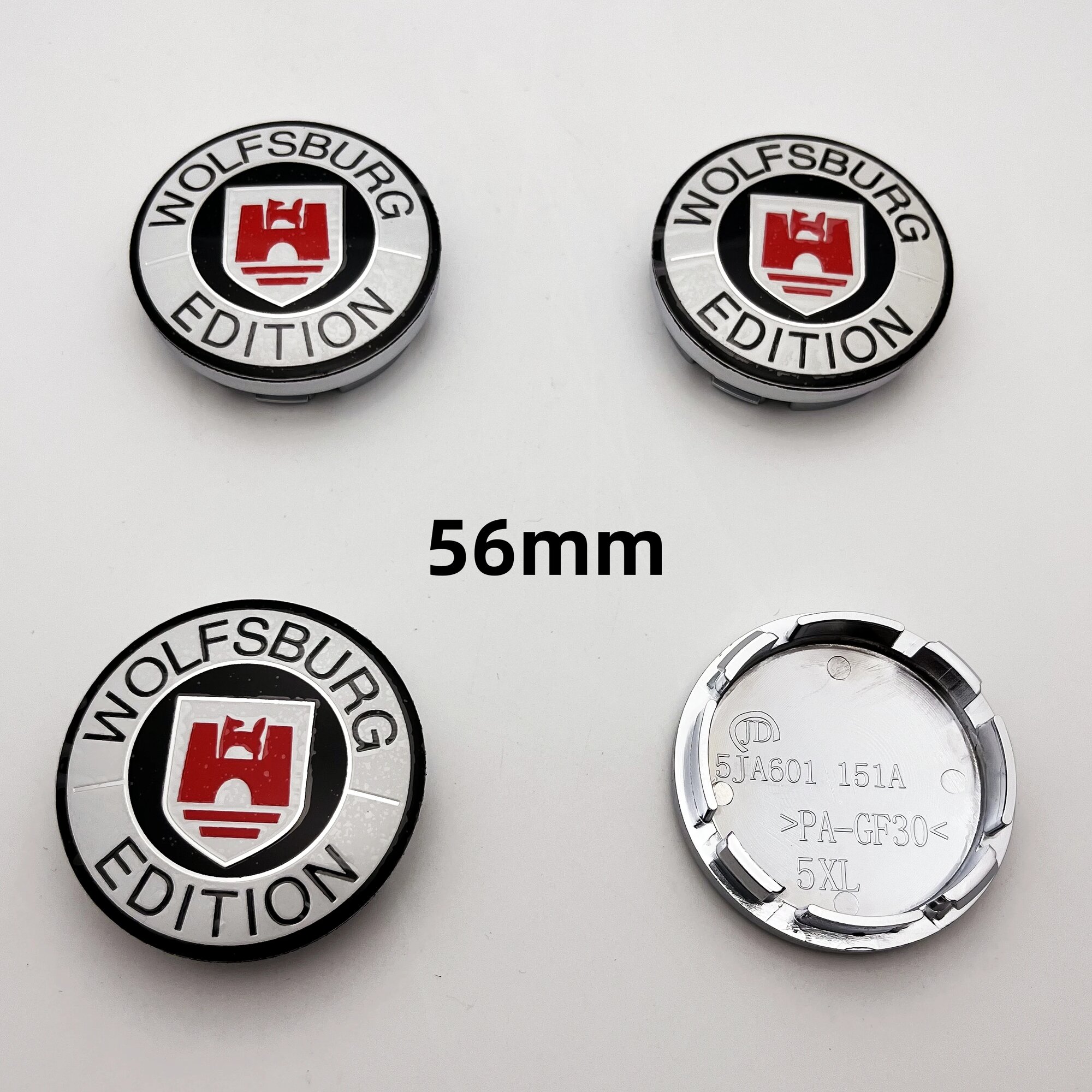 4 шт, 56 мм, 60 мм, 68 мм, эмблема Wolfsburg Edition, логотип, центральные колпаки колес автомобиля, крышка ступицы обода, значок, стиль для GTI, логотип, аксессуары для гольфа, 56mm C Silver Cap, 4pcs Wolfsburg