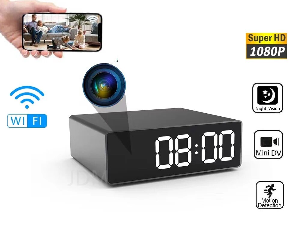 Маленький будильник-камера Mini 1080P из цельного алюминиевого сплава Цифровые часы-камеры 1080P Беспроводная WiFi камера с ИК ночным видением Камкордер-записыватель-C18 WIFI Camera