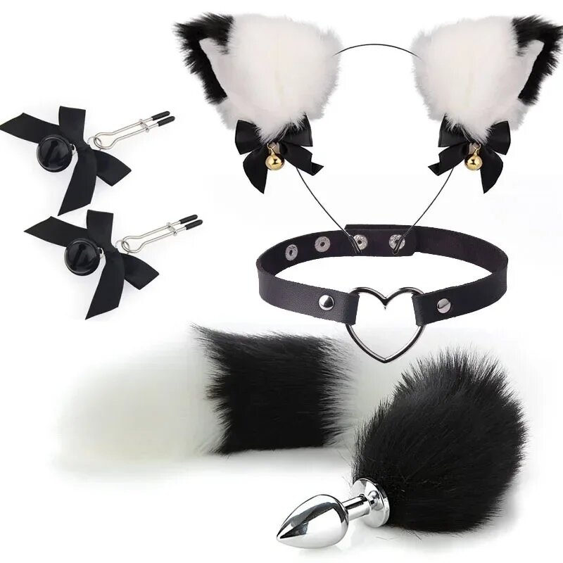 4 шт, милая анальная пробка с лисьим хвостом, повязки на голову с кошачьими ушками, зажим Black B