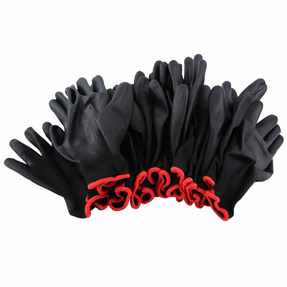 Черные рабочие перчатки с нейлоновым полиуретановым покрытием на ладонях, защитной красной полосой, среднего размера, прочные, противоскользящие, дышащие