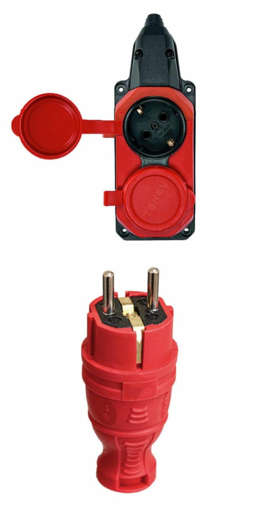 Комплект Колодка 2-м с крышкой+Вилка прямая 16А IP44 с заземлением каучуковая, цвет красный