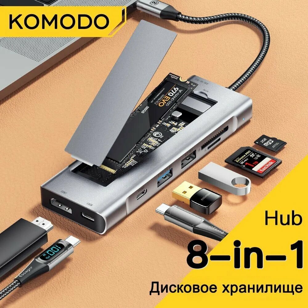8-в-1 алюминиевый USB-концентратор с корпусом SSD M.2 NVMe 10 Гбит/с 4K HDMI 1.4 USB 3.2 Gen 2 PD 100 Вт