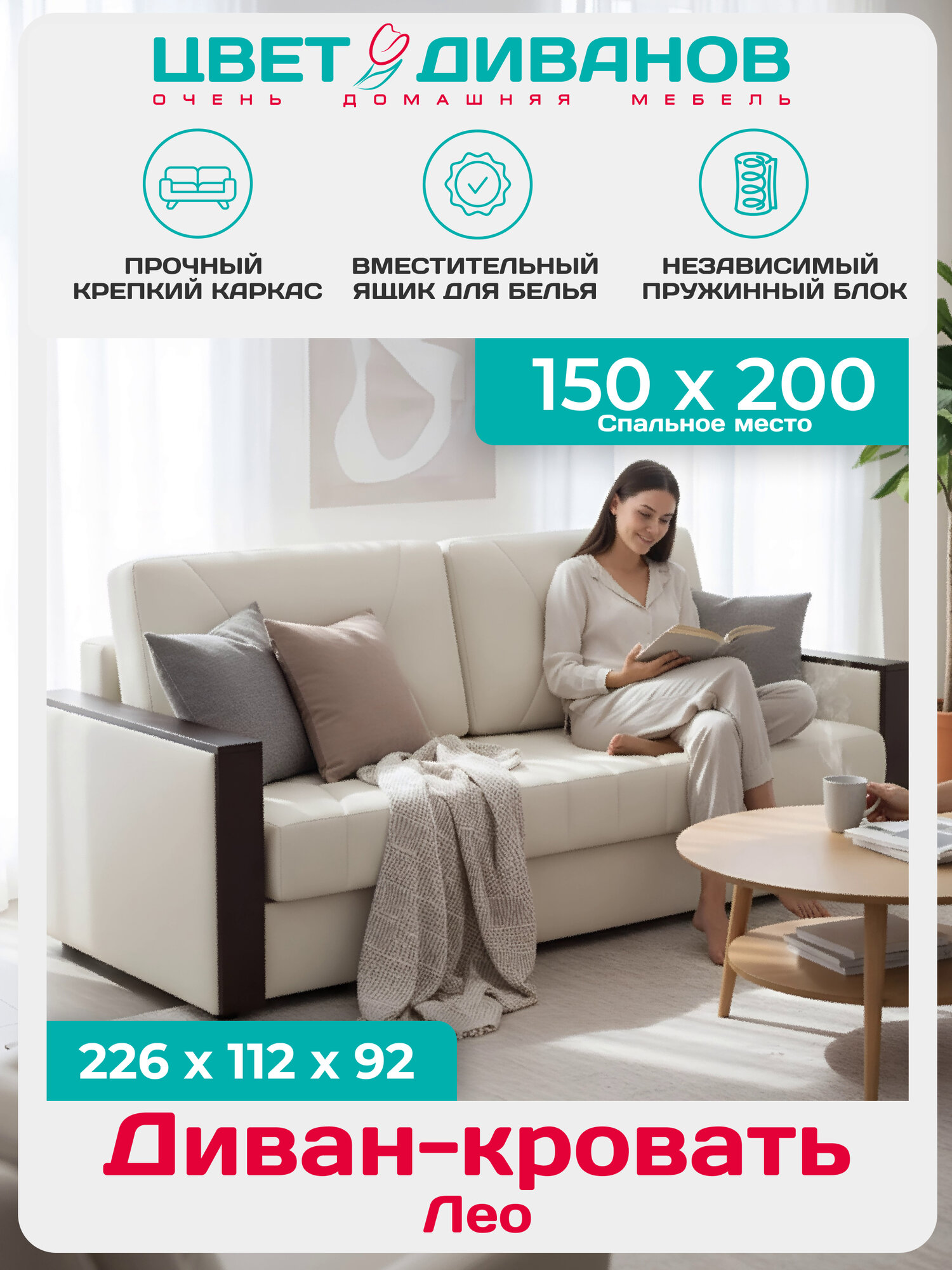 Раскладной диван-кровать прямой двуспальный в гостиную, еврокнижка Лео с ортопедическим матрасом, Цвет Диванов