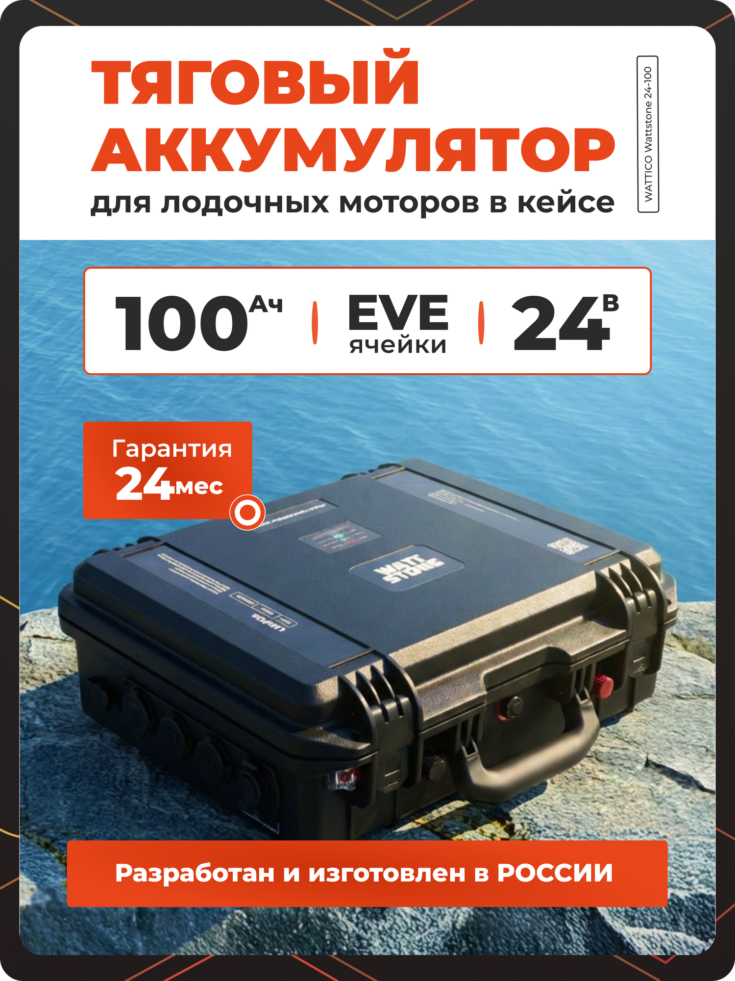 Тяговый аккумулятор Wattstone, 100 Ач, 24 В, противоударный, в кейсе