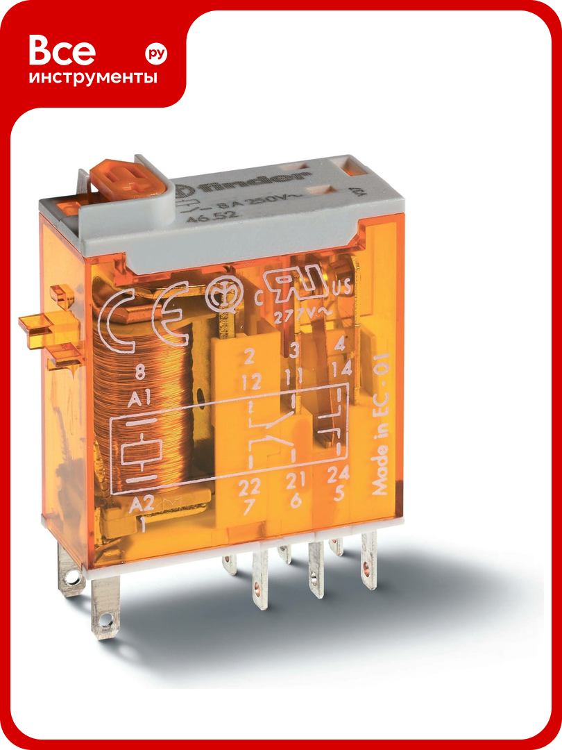 Миниатюрное промышленное реле Finder 2 перекидных контакта 8А, = 24В DC, 465290240040