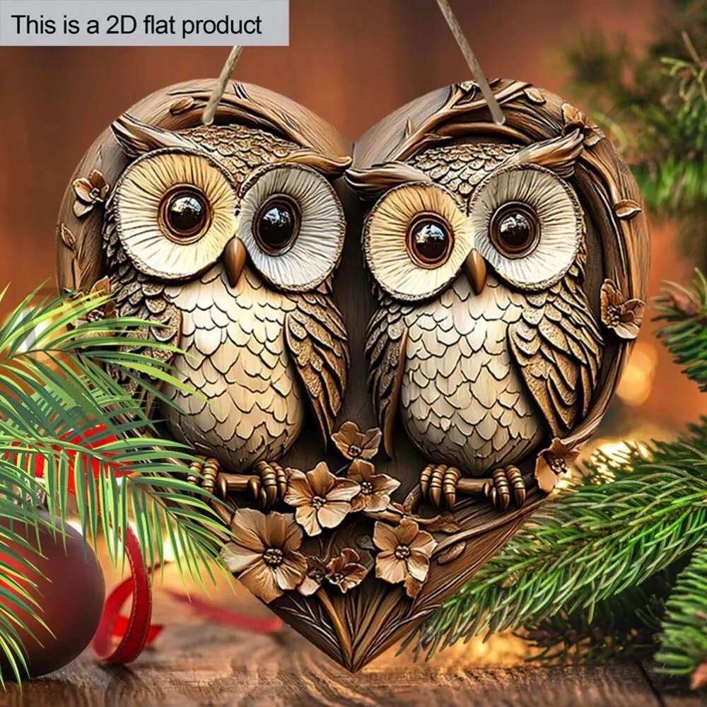 2D Деревянная табличка в форме сердца с изображением пары сов