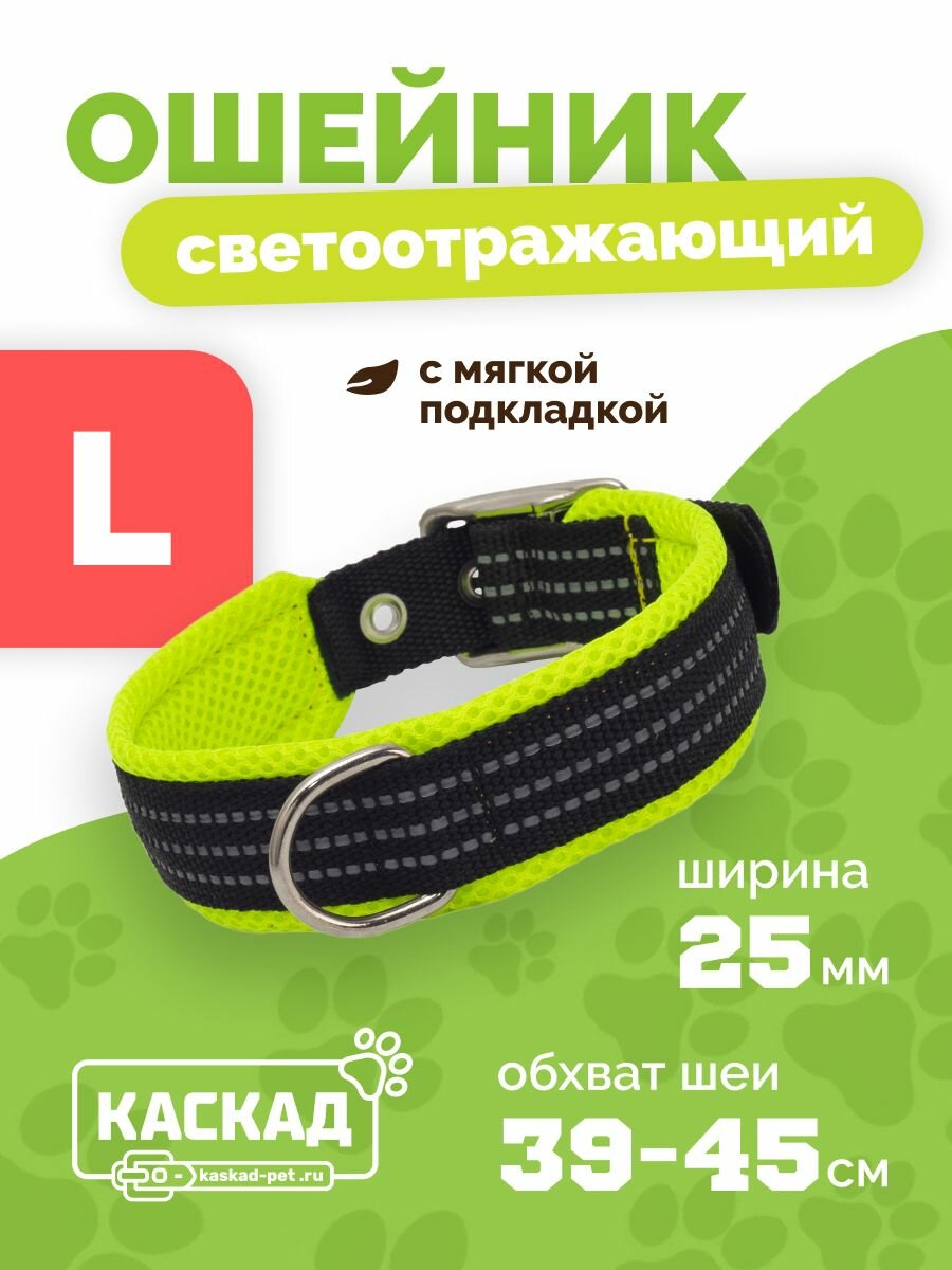 Ошейник для собак Каскад нейлоновый с мягкой подкладкой 25мм,39-45см, зеленый