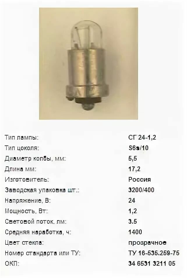 Лампа накаливания 24В-1.2Вт, СГ24-1.2, цоколь S6s/10, одноконтактная, 2шт