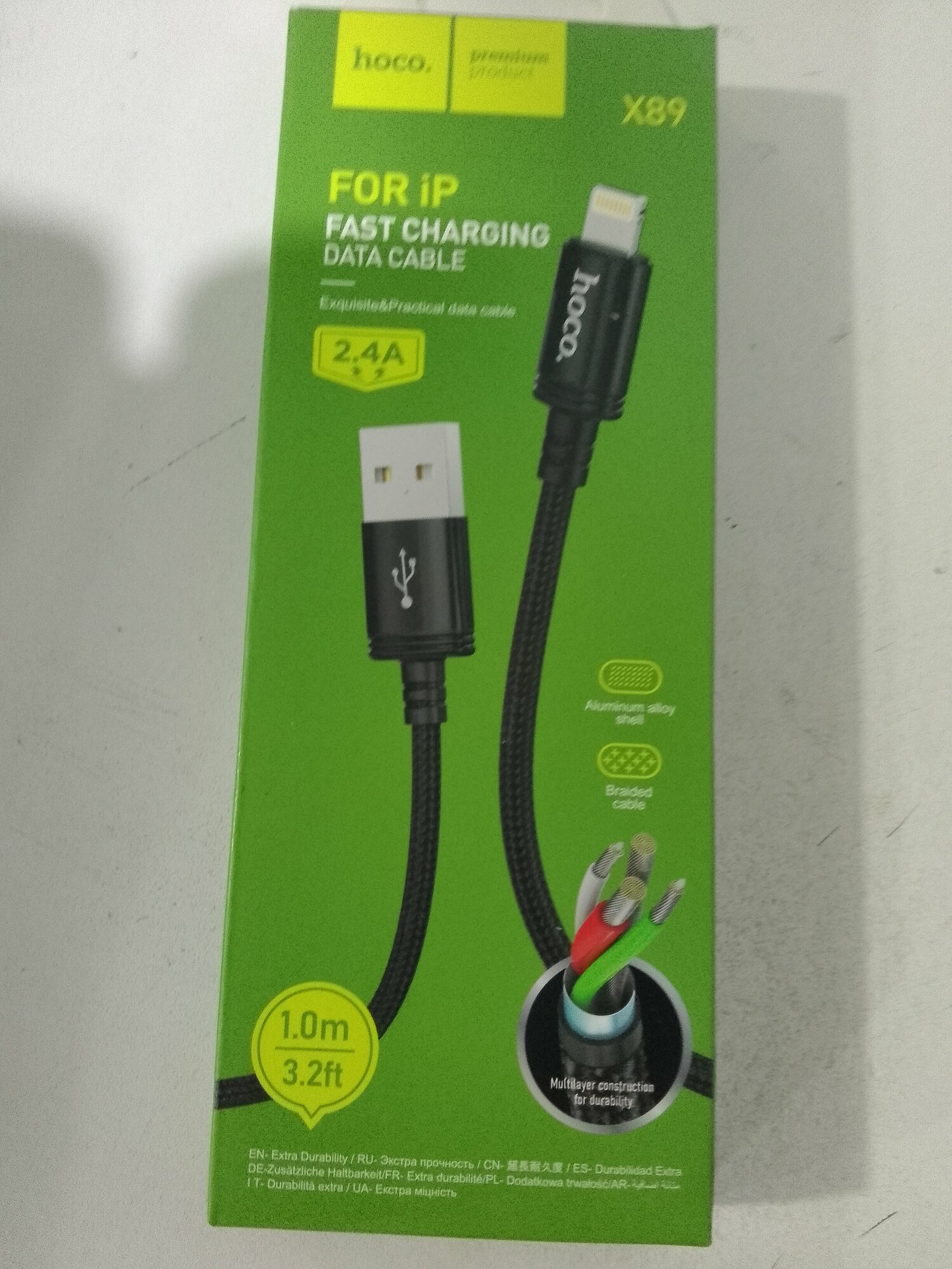 Кабель на айфон HOCO 89 , 1м, тканевый, 2.4А черный