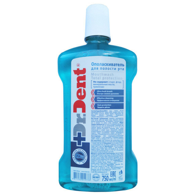 DR.DENT Total Protection ополаскиватель для полости рта 750 мл без спирта с защитой эмали