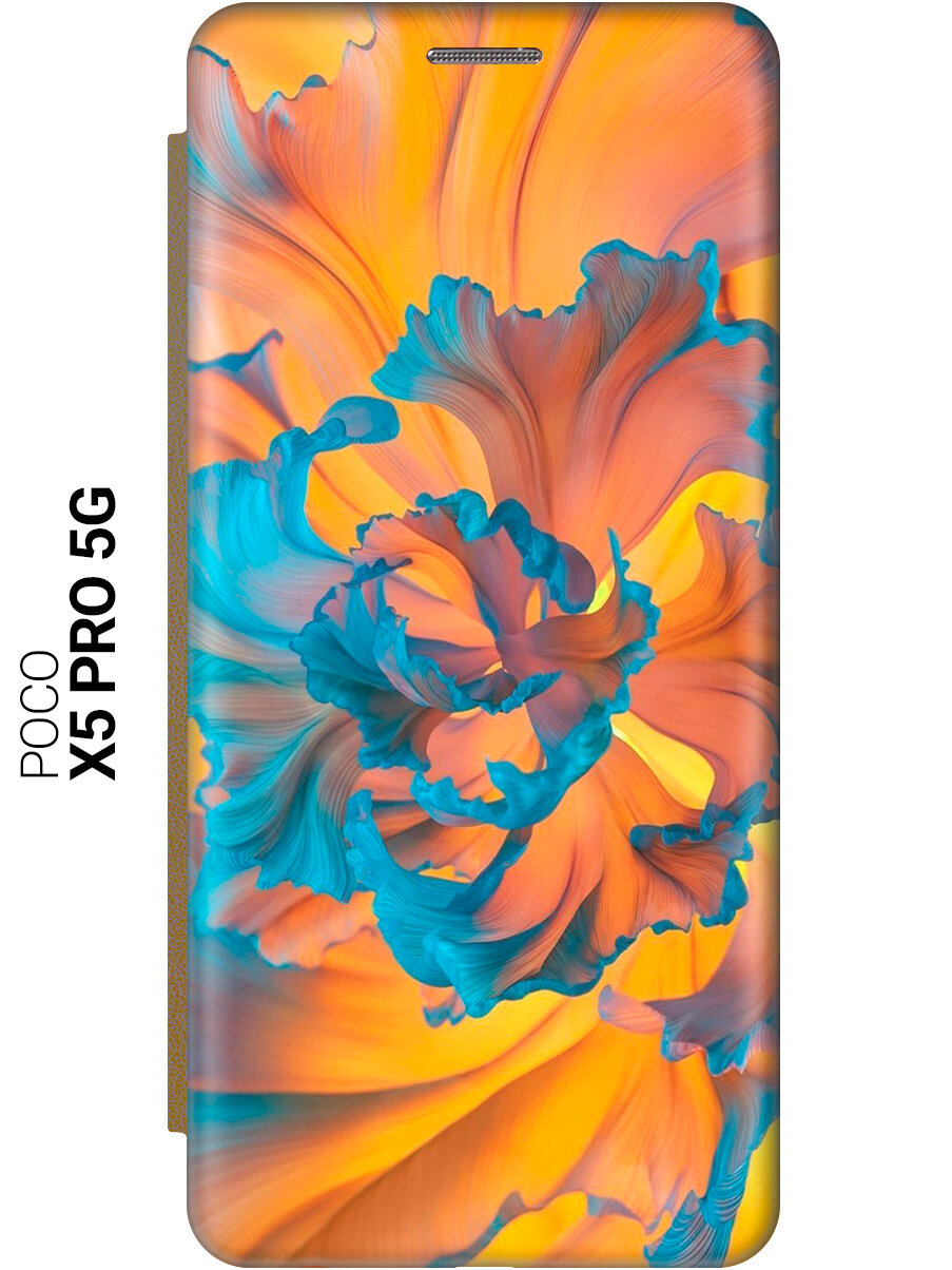 Чехол-книжка на Xiaomi Poco X5 Pro 5G / Сяоми Поко Х5 Про 5Г с рисунком "Желто-голубой цветок" золотистый