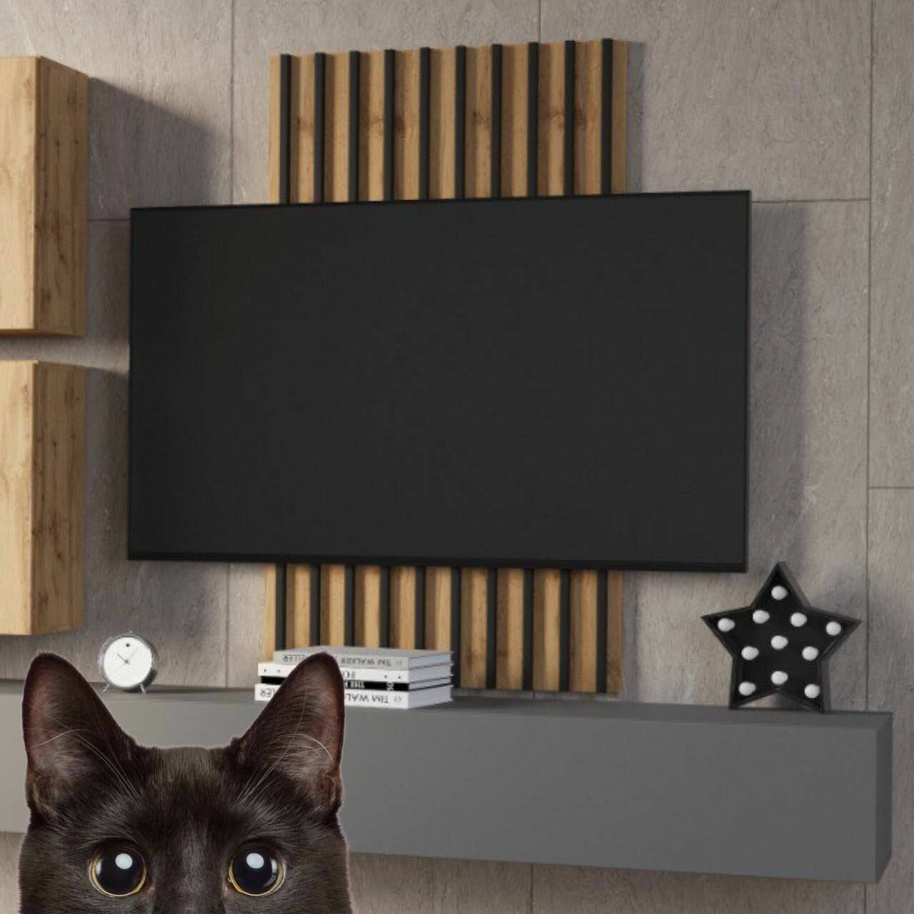 Панель с рейками POI 02, цвет дуб вотан/черный комплект, ЛДСП