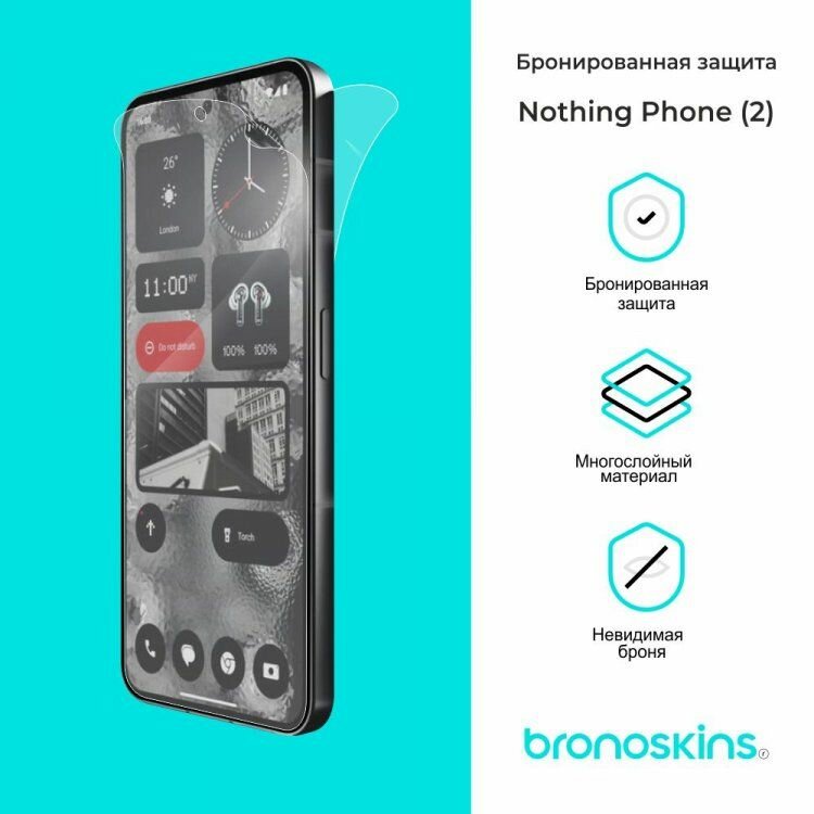 Защитная бронированная пленка на экран Nothing Phone 2 (Глянцевая, CaseFriendly с отступом под чехол)