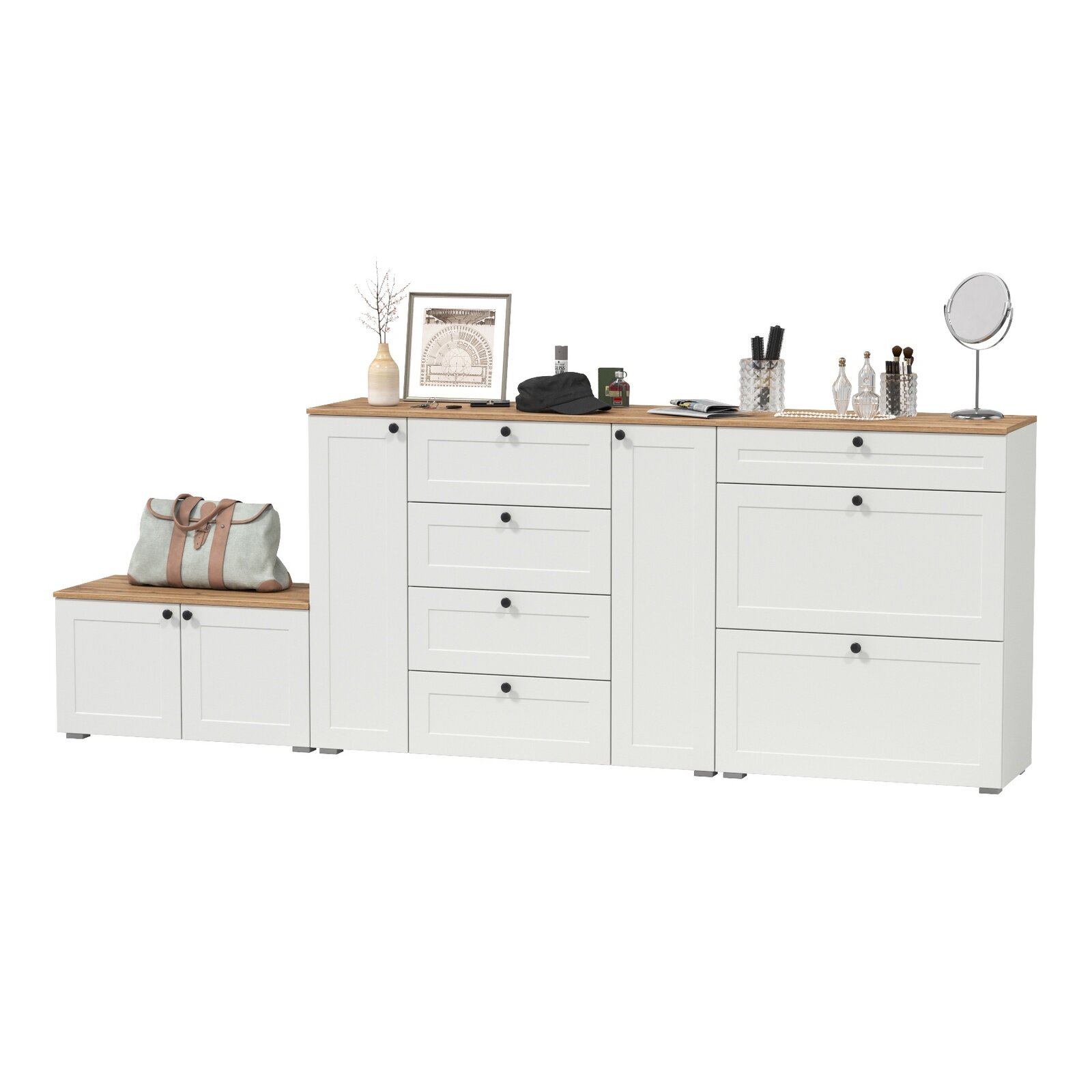 Комод с обувницей и тумбой Остин цвет белый шагрень/дуб крафт золотой