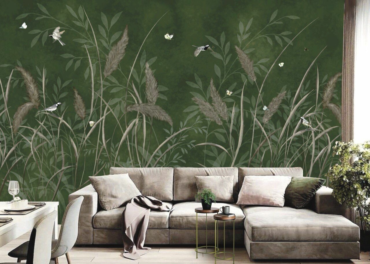 Обои бесшовные "Трясогузки" зеленый (ширина 2750мм х длина 4000мм)