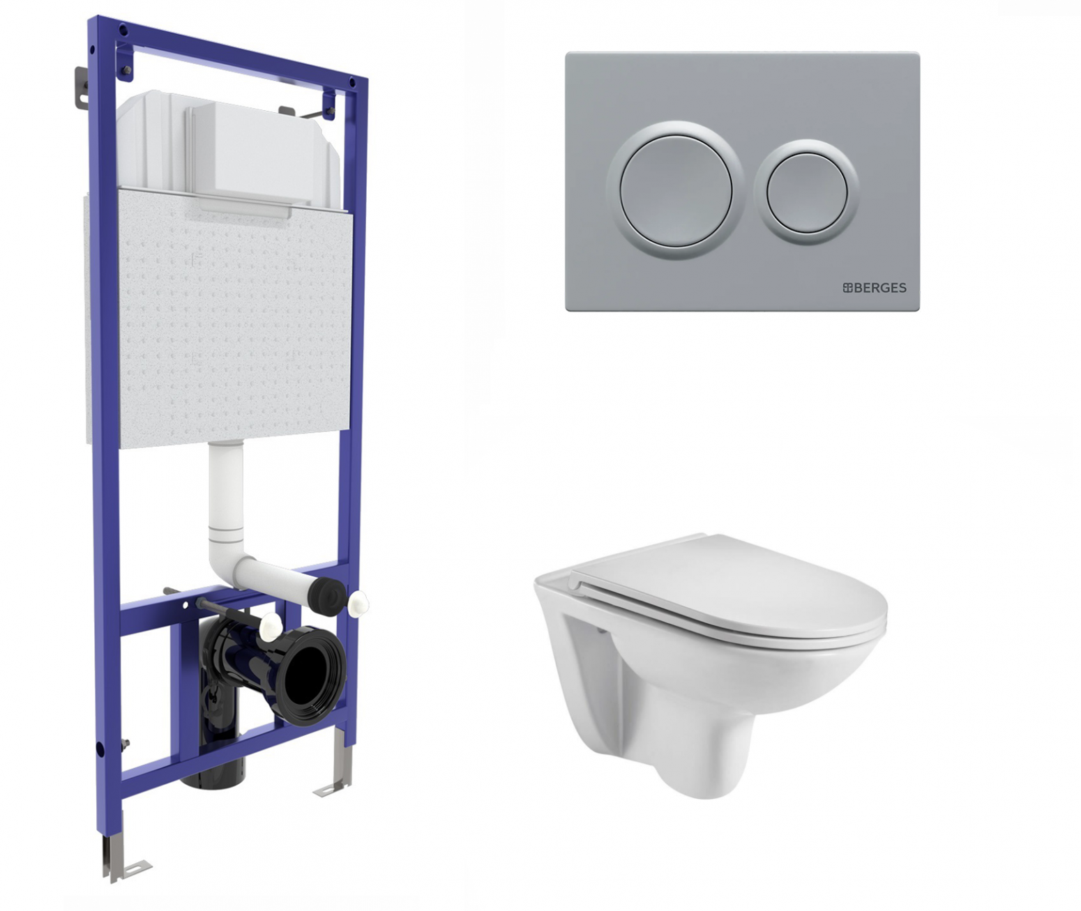 Комплект 3 в 1 инсталляция Berges Novum O2 + Подвесной унитаз WeltWasser Baarbach 004 GL-WT с кнопкой матовой хром