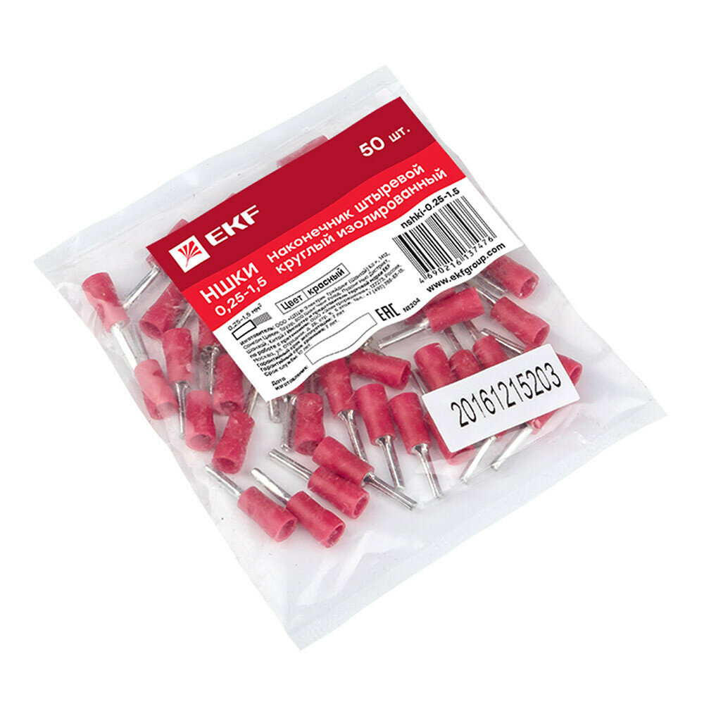 Наконечник штыревой круглый изолированный EKF PROxima ншки d4,3 мм 0,25-1,5 кв. мм (50 шт.) EKF nshki-0.25-1.5